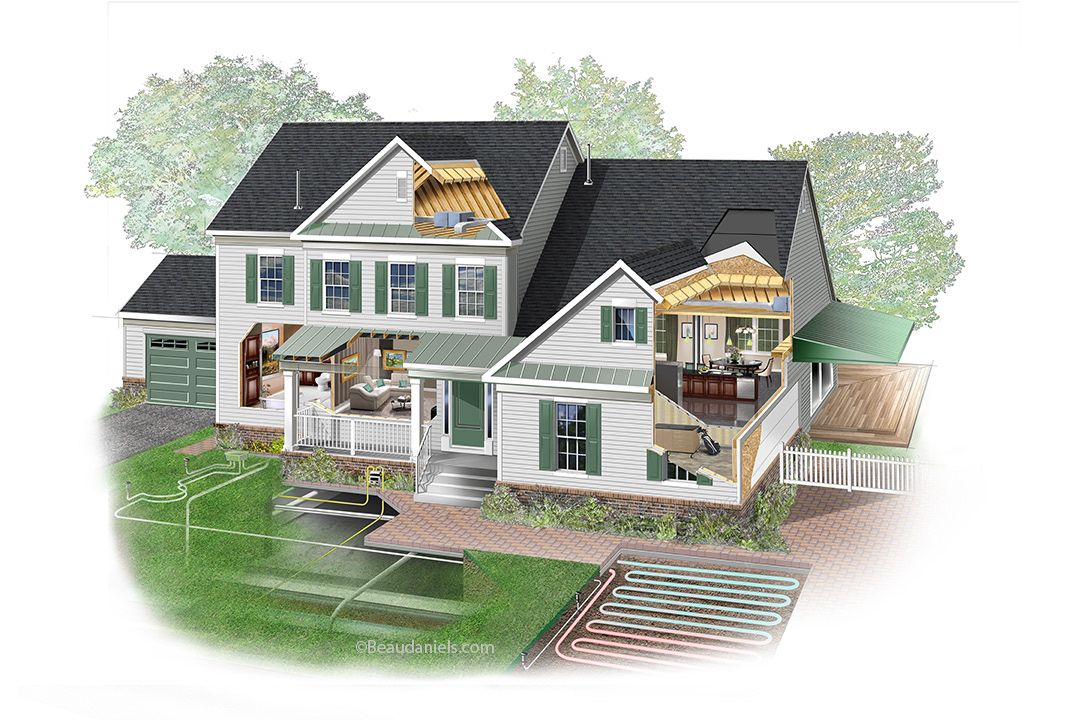 Technical illustration, Beau and Alan Daniels. - Cutaway house