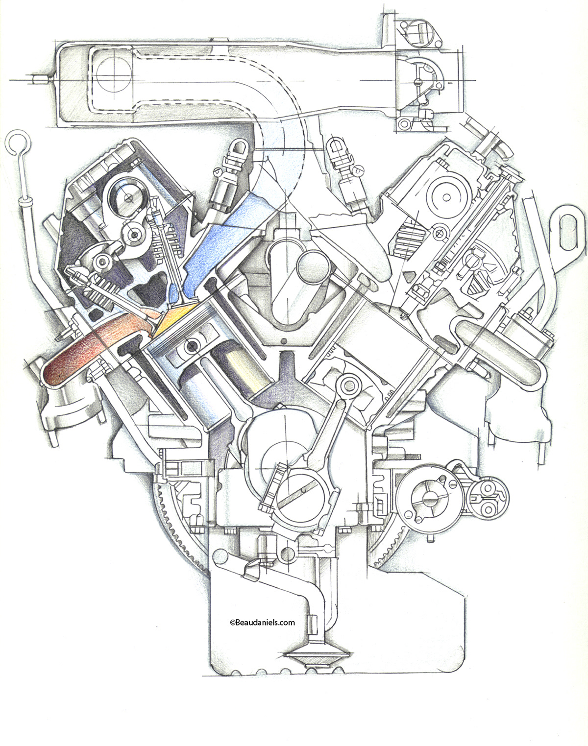 Technical illustration, Beau and Alan Daniels. - Cutaway Automotive Engines